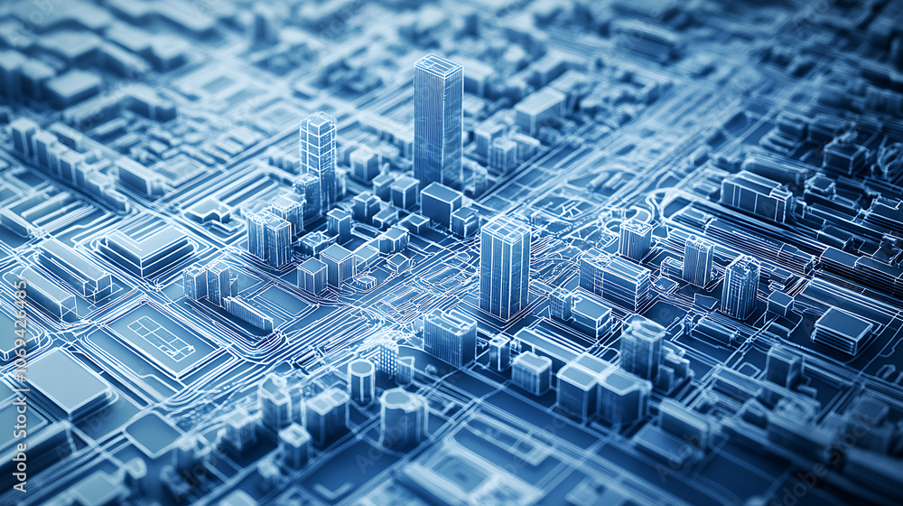 Ilustración de Stock A detailed, technical blueprint showcasing urban ...