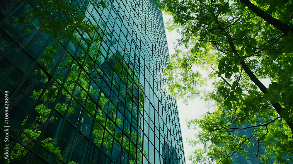 The glass skyscraper facade reflects the lush green leaves of trees ...