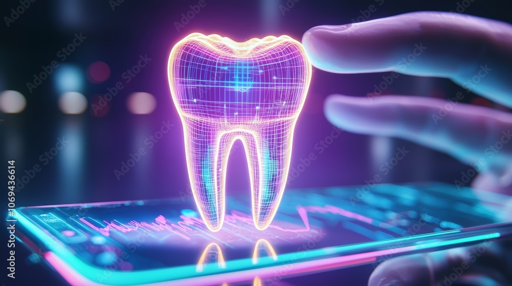 Smartphone displaying dental health app, holographic tooth floating ...