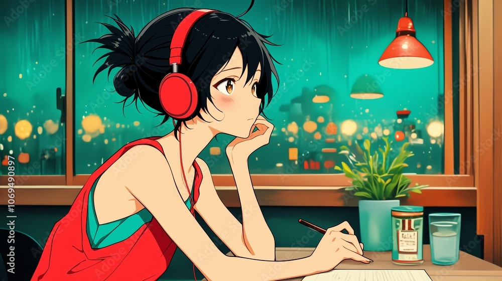 Lofi Girl studying at her desk, rainy city view outside. beautiful ...