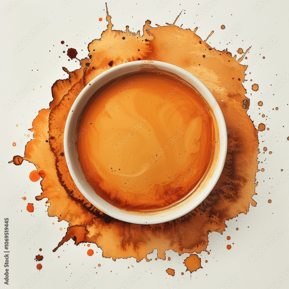 Watercolor coffee stain on white background, brown color, flat lay, hot ...
