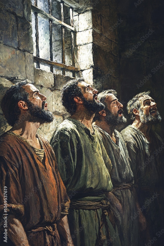 A dramatic scene of Paul and Silas singing hymns in a prison cell at ...