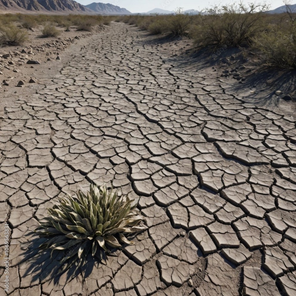 Dried-up riverbed with cracked earth and wilted plants, harsh sunlight ...