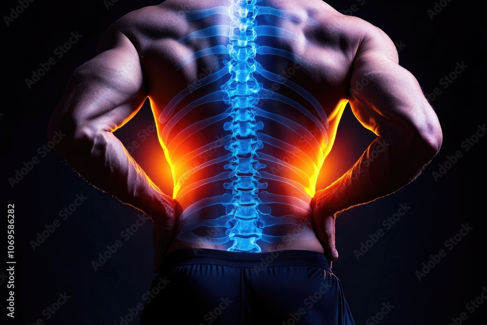 Back anatomy: glowing spinal column indicating pain, man posture with ...