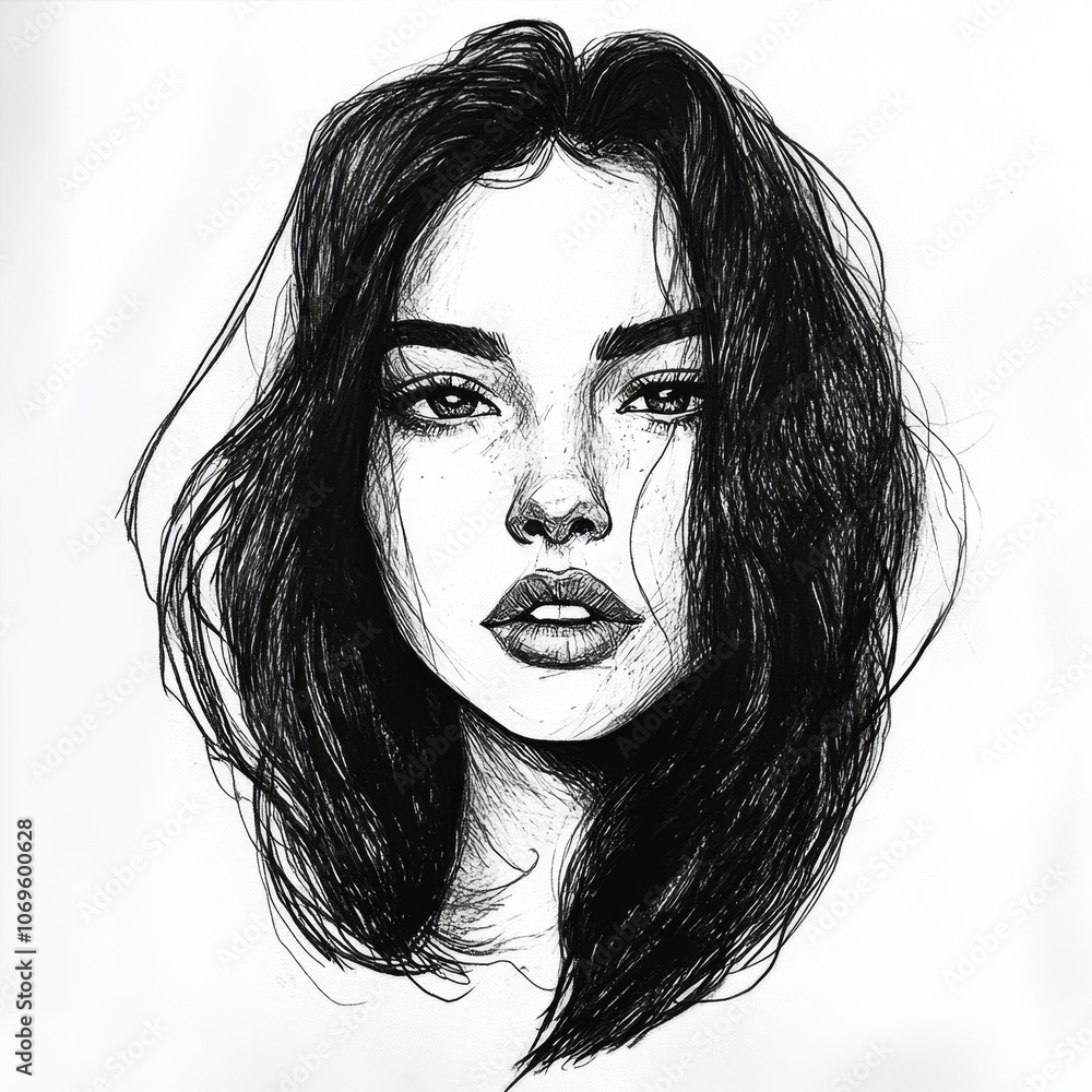 Black and white pen and ink drawing of a woman's face with long ...