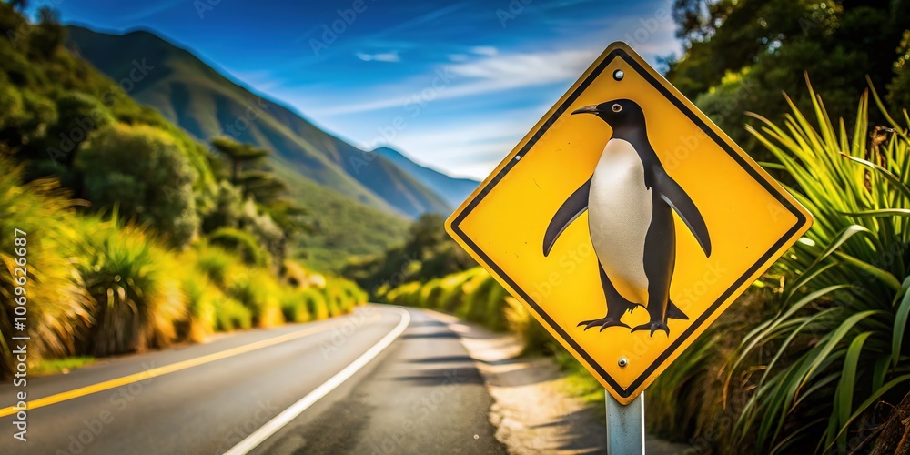 Penguin Crossing Sign Paparoa National Park South Island New Zealand ...