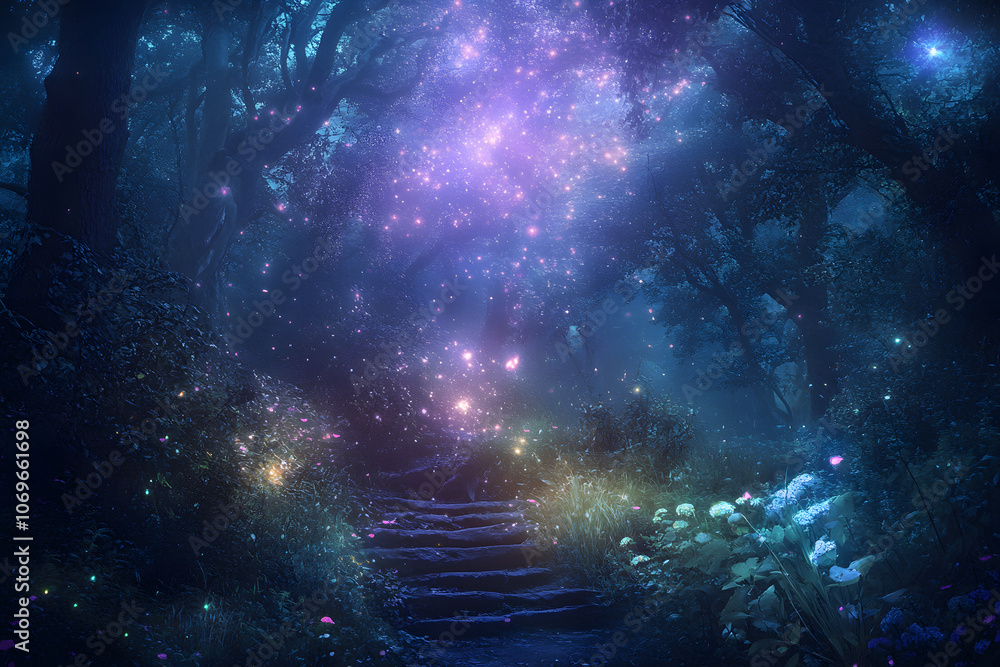 Magical enchanted forest glowing with mystical lights, fantasy night scenery, dreamy fairy tale ...