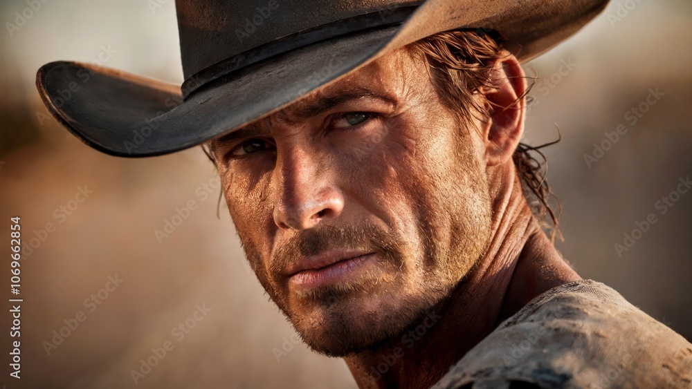 Close-up portrait of hot cowboy wearing weathered hat, showcasing his ...