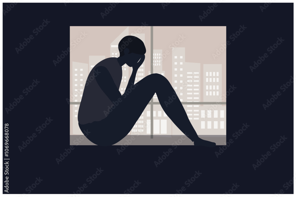 Sad and depressed woman hug her knee sitting on window.Unhappy and ...