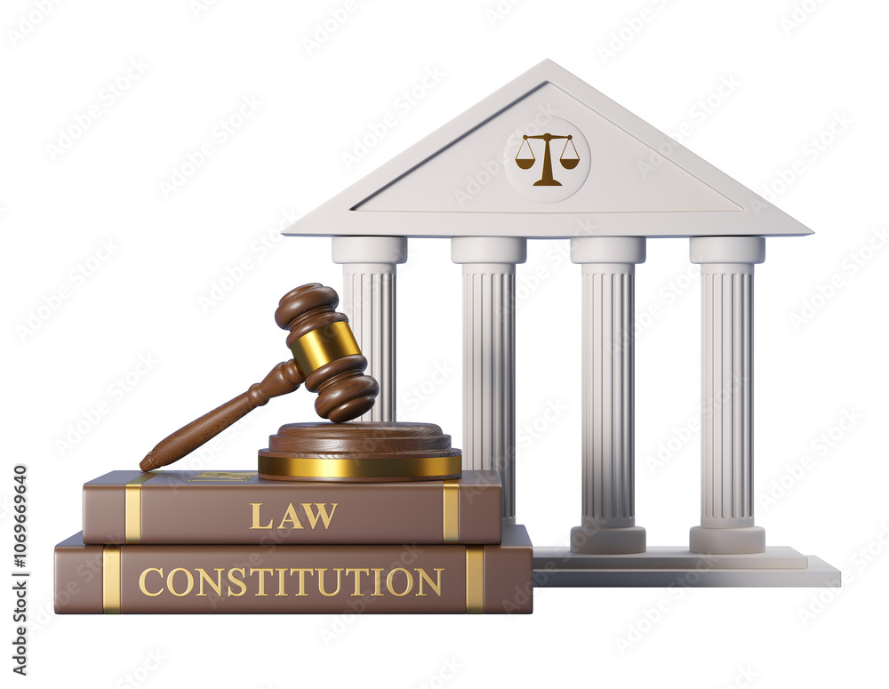 Gavel on law books with courthouse columns, isolated, on white ...