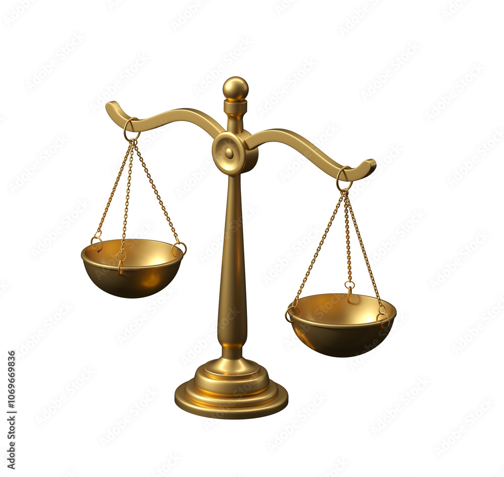 Golden balance scale isolated on white background, representing justice ...