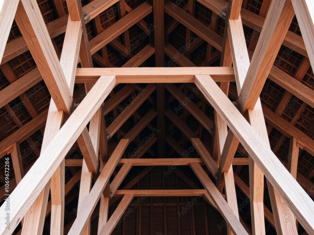 Interior view of interconnected trusses forming a robust wooden frame ...