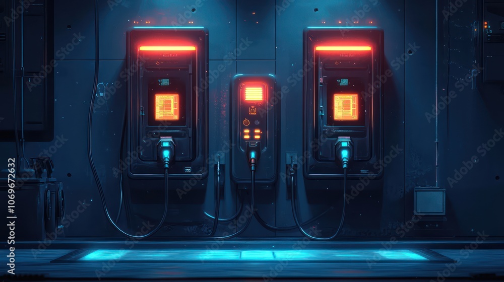 Electric car charging. Dark background. Electronic vehicle power dock ...