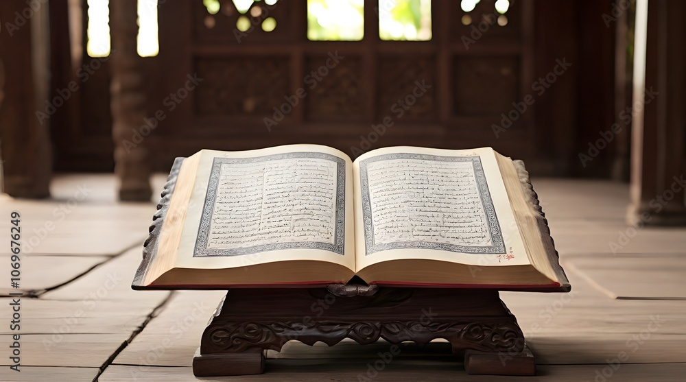 open quran in arabic on wood stand symbol of islam mubarak mosque.generative.ai Stock ...