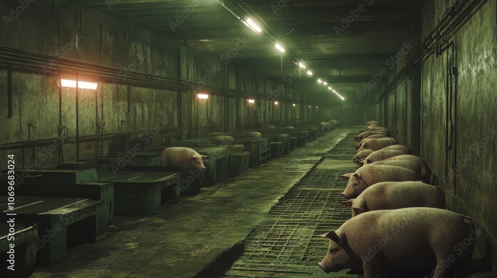 7.Pigs in a modern farming environment, space filled with rows of ...