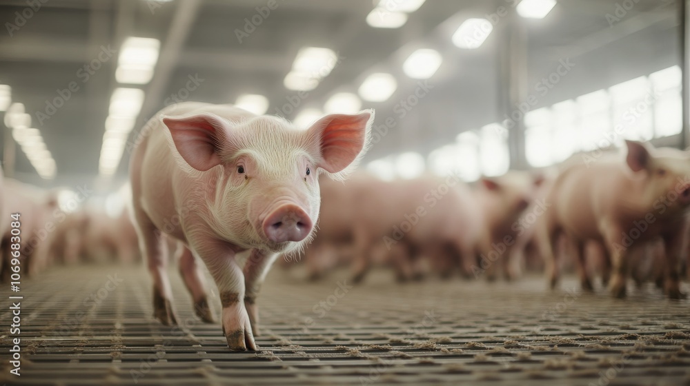 7.Pigs in a modern farming environment, space filled with rows of ...