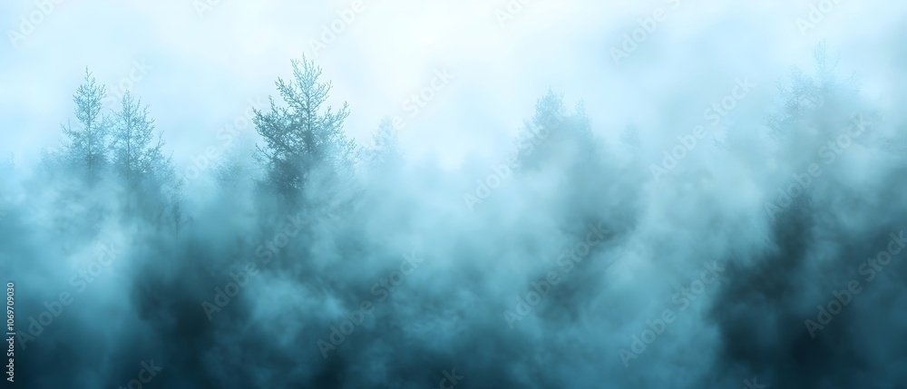 Mysterious fog envelops a dense forest, creating an ethereal atmosphere with shades of blue and ...