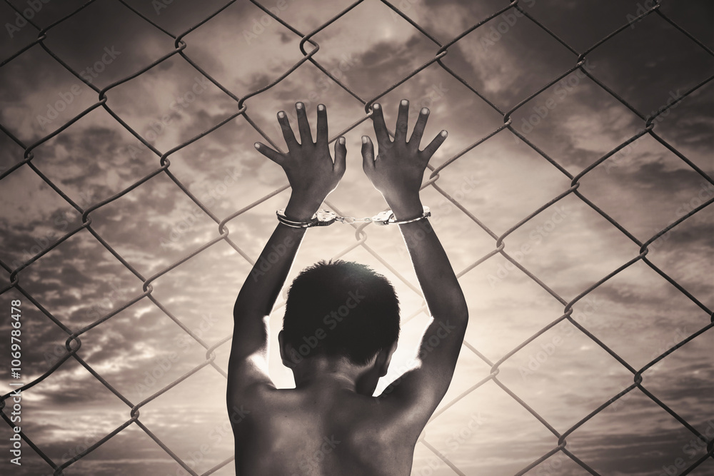 Sad young child holding a steel cage in jail. children prison and ...