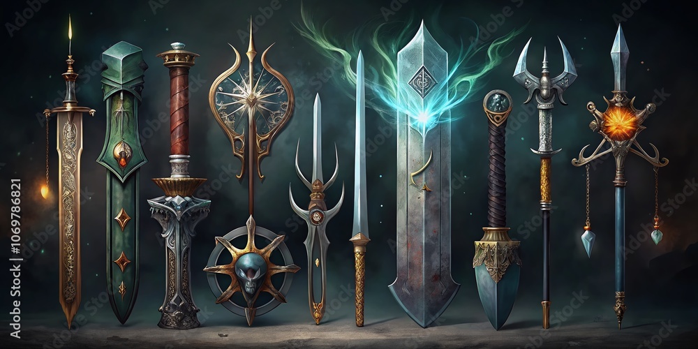 Set of Fantasy Magic Items: Elven Sword, Necromancer Shovel, Demonic ...