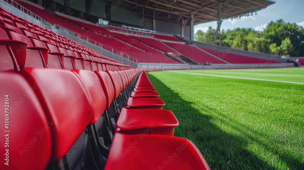 small soccer stadium featuring vibrant red seats and well maintained ...