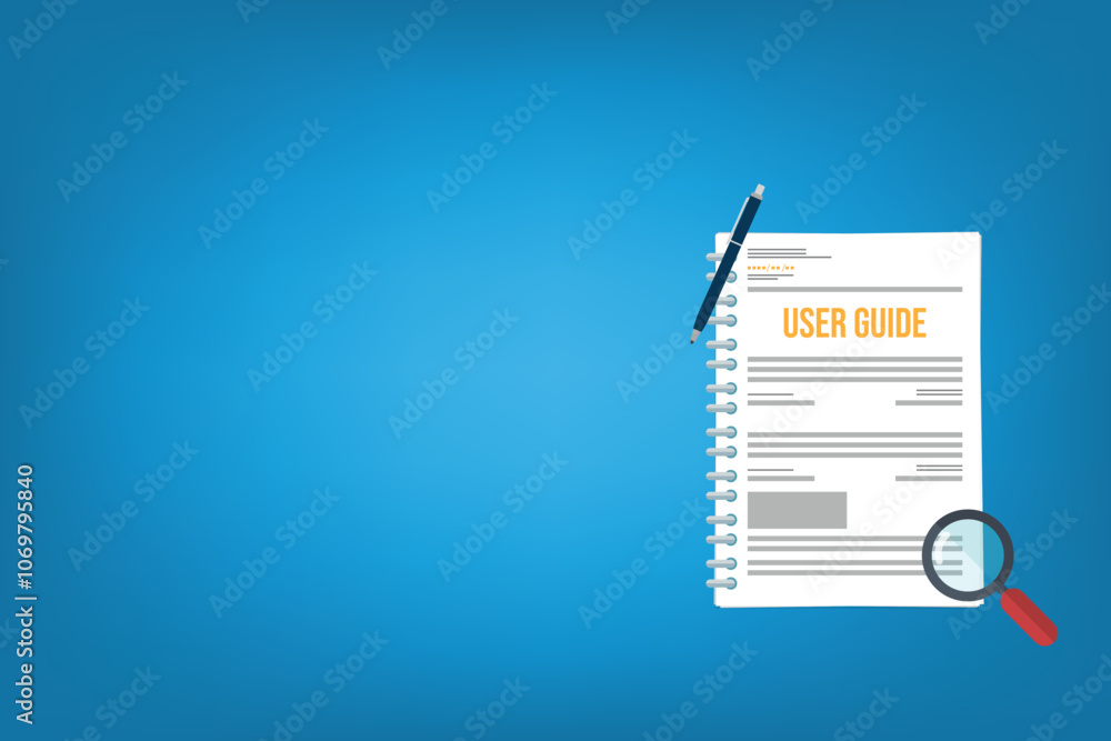 User guide with magnifying glass and pen. User manual. Vector ...