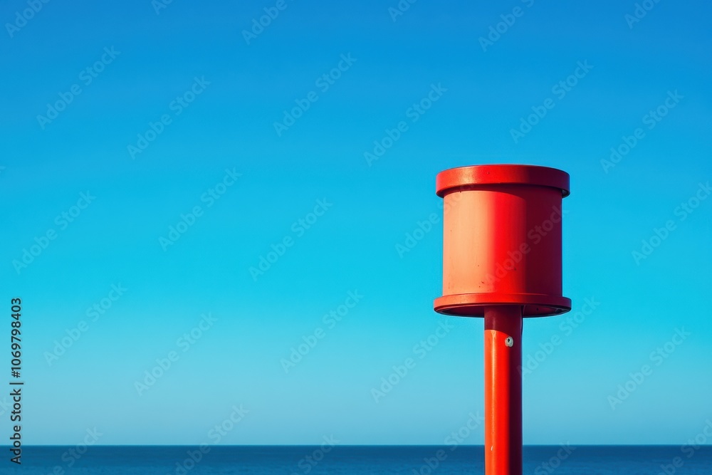Vibrant red tsunami siren mounted on a beach post against a clear blue ...