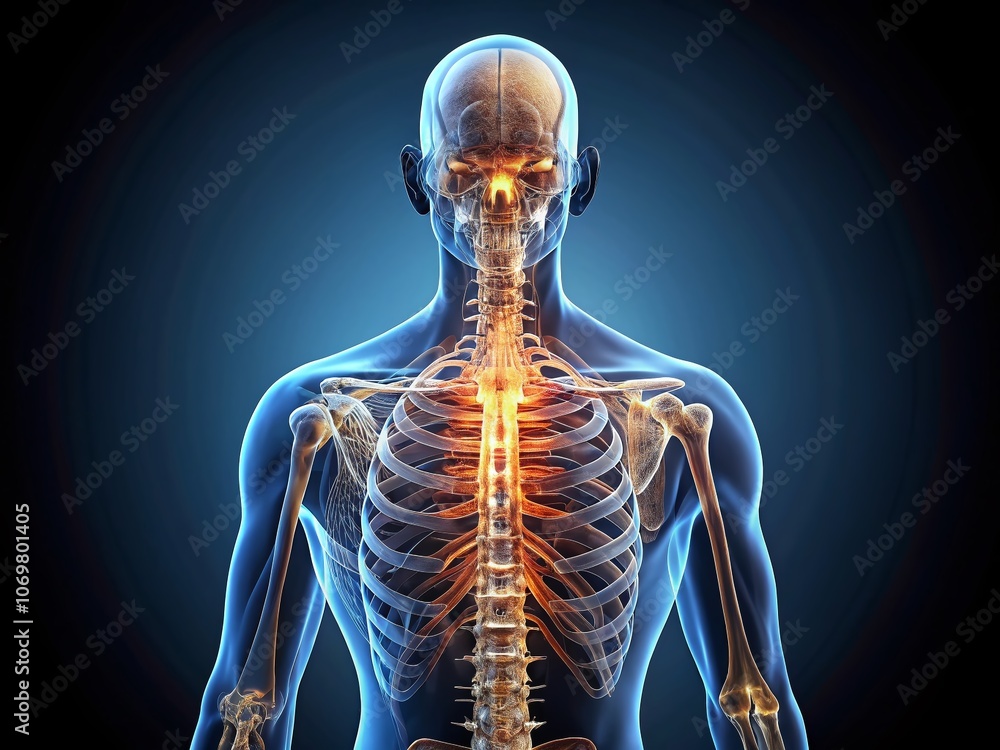 3D Full Body Spine and Wireframe Human Skull Anatomy in Conceptual ...