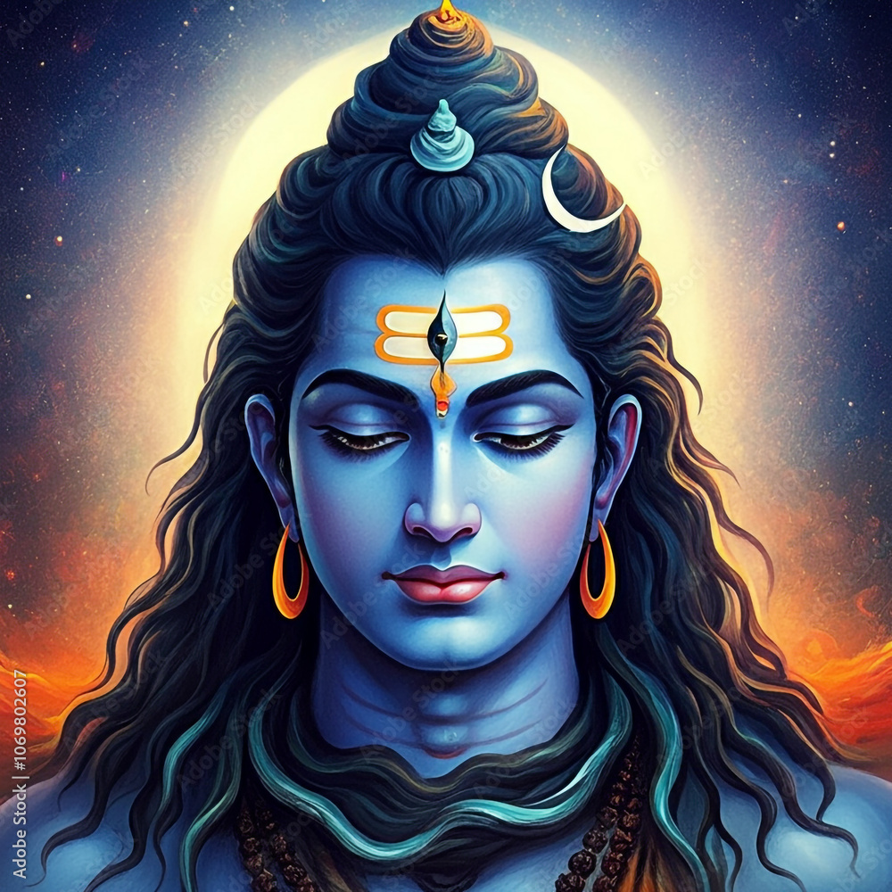 Artistic portrait of Lord Shiva with a glowing aura, symbolizing his ...