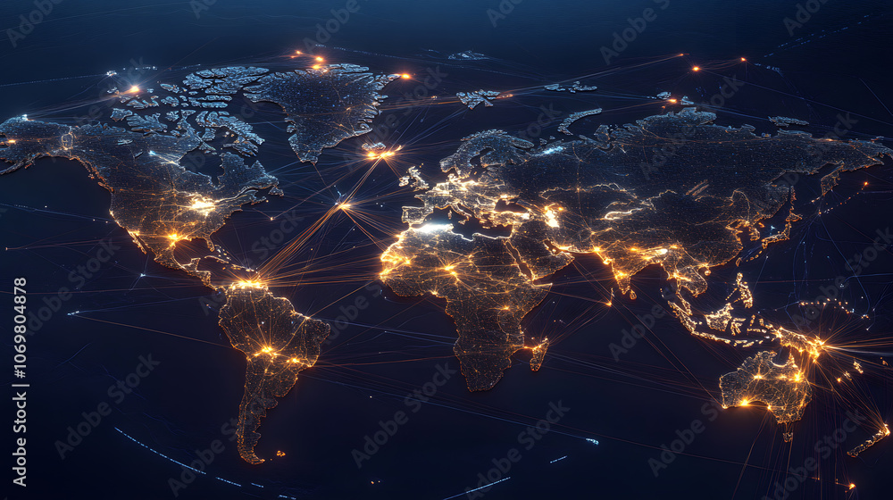 An image of a world map overlaid with interconnected lines and nodes ...