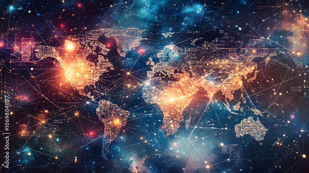 An image of a world map overlaid with interconnected lines and nodes ...
