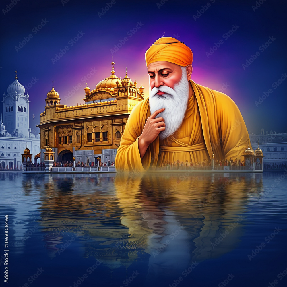 A serene illustration of Guru Nanak Dev Ji with the Golden Temple, representing Sikh ...