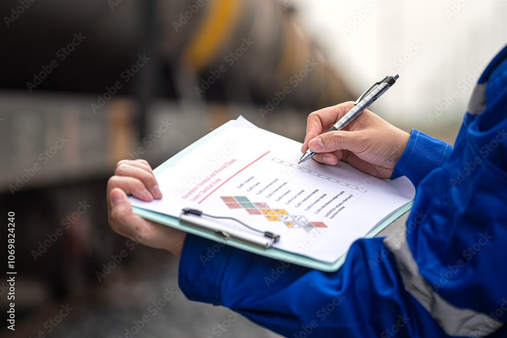 A worker is checking on chemical hazardous material checklist form with ...