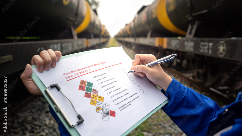 A worker is checking on chemical hazardous material checklist form with ...