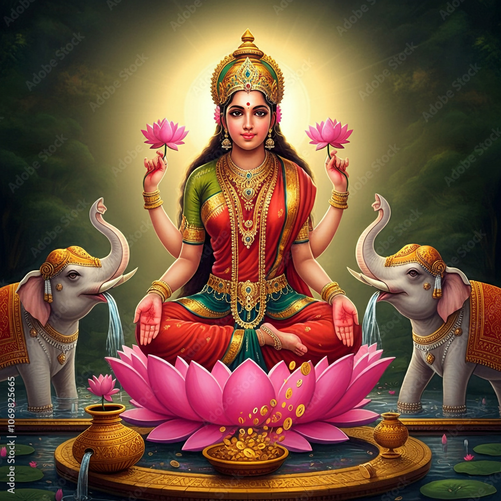 Beautiful depiction of Goddess Lakshmi seated on a lotus with elephants ...