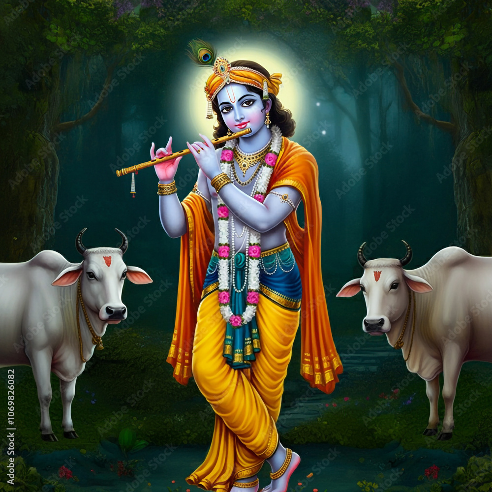 Serene image of Lord Krishna playing the flute with a gentle smile ...