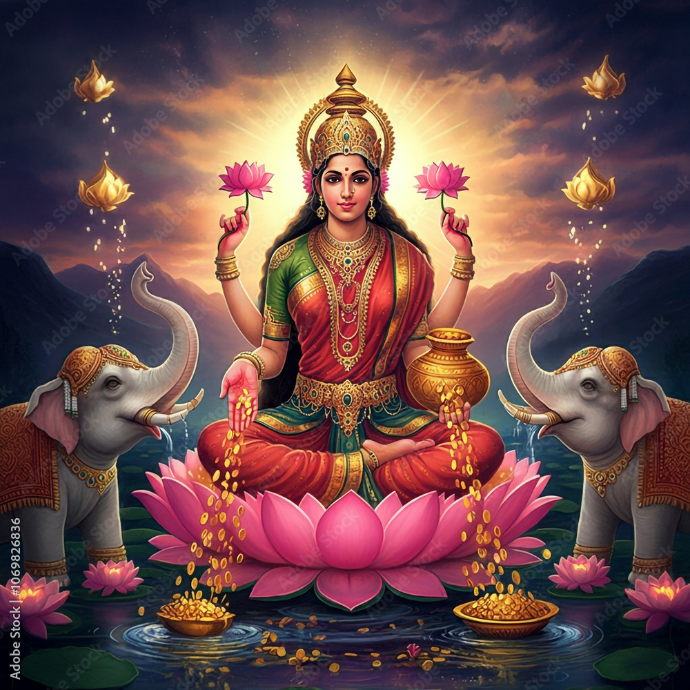 Beautiful depiction of Goddess Lakshmi seated on a lotus flower with ...