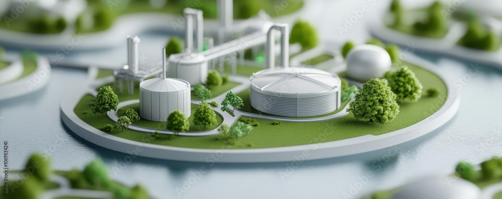 Aerial model of a sustainable city with water recycling plants and ...