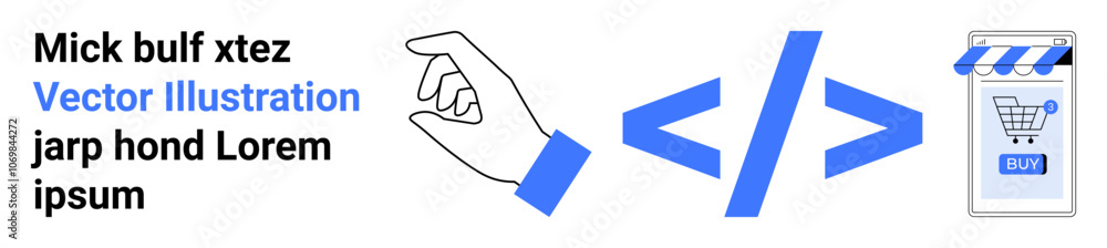 Hand pointing at a blue coding symbol leading to a shopping cart icon ...