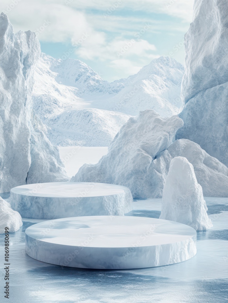 Ice podium background snow winter product platform cold mountain 3D ...