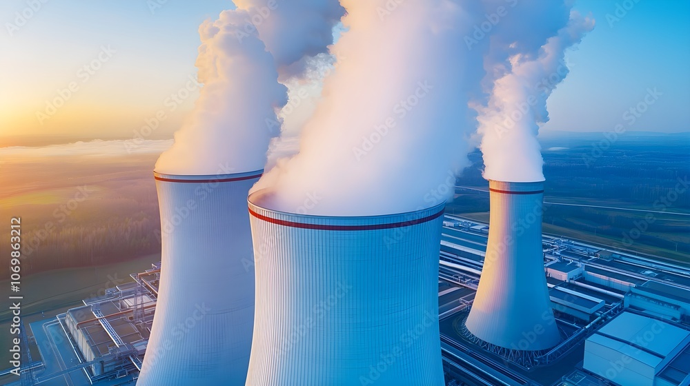 Aerial view of a power plant with an engineer on-site inspecting ...