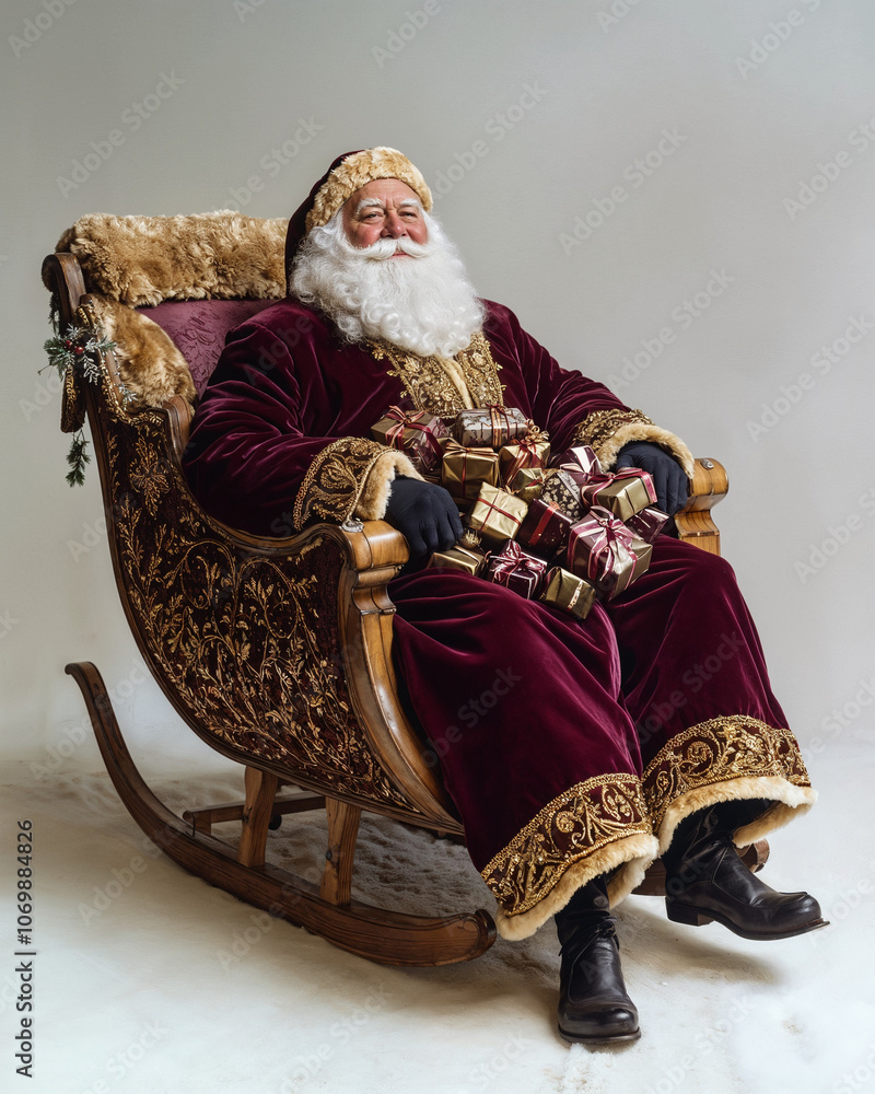 Classic Santa in a vintage sleigh with gold accents, holding wrapped ...