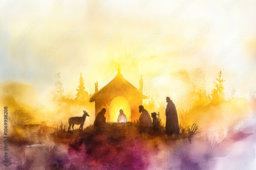 Illustrazione stock di Watercolor depiction of the Nativity with baby ...