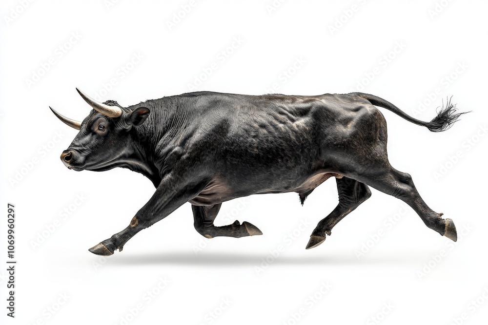 angry black bull running - side view isolated on white background Stock ...