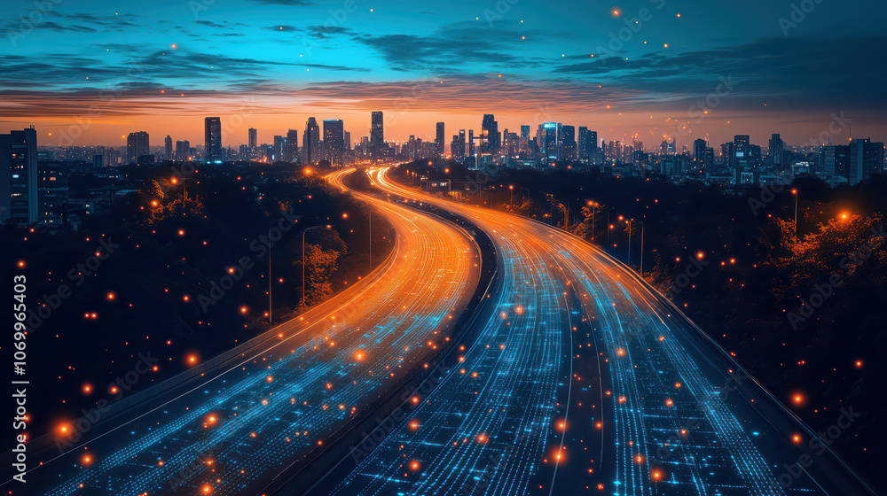 Logistic road with hologram data online network background. Stock Photo ...