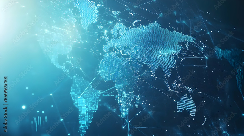 Light blue background with digital world map and global network ...