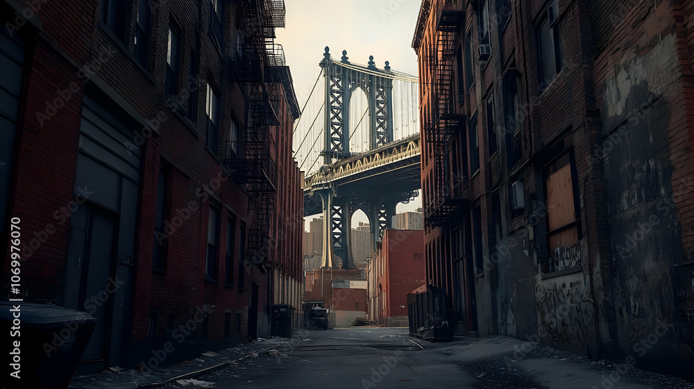 Manhattan Bridge view from a street between brick buildings in New York ...