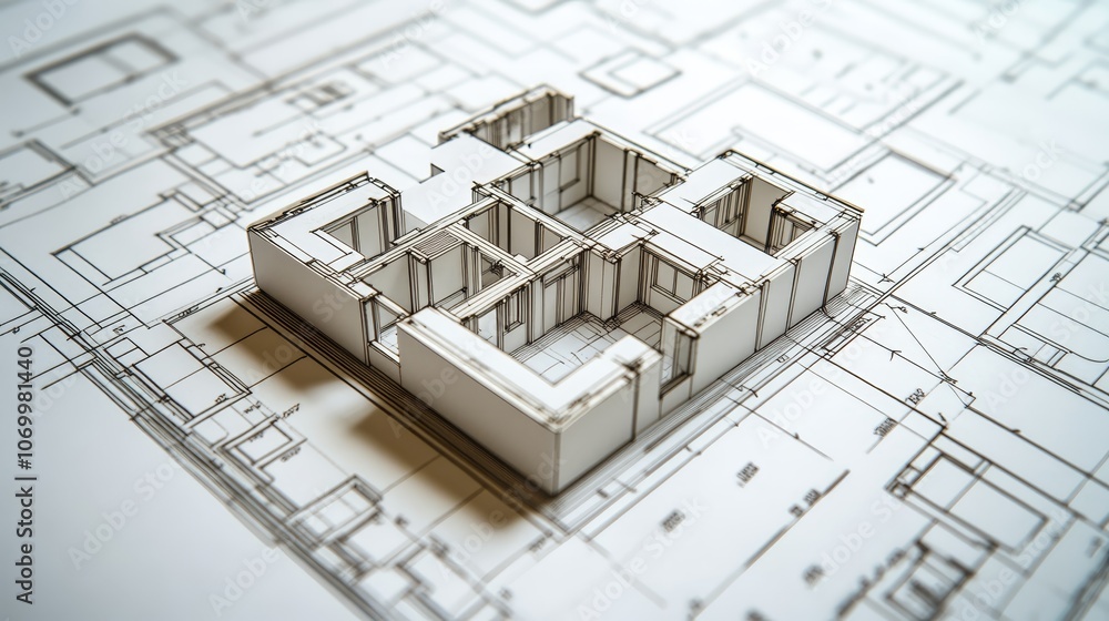 3d house model on blueprints, visualizing architectural design and construction planning for a ...