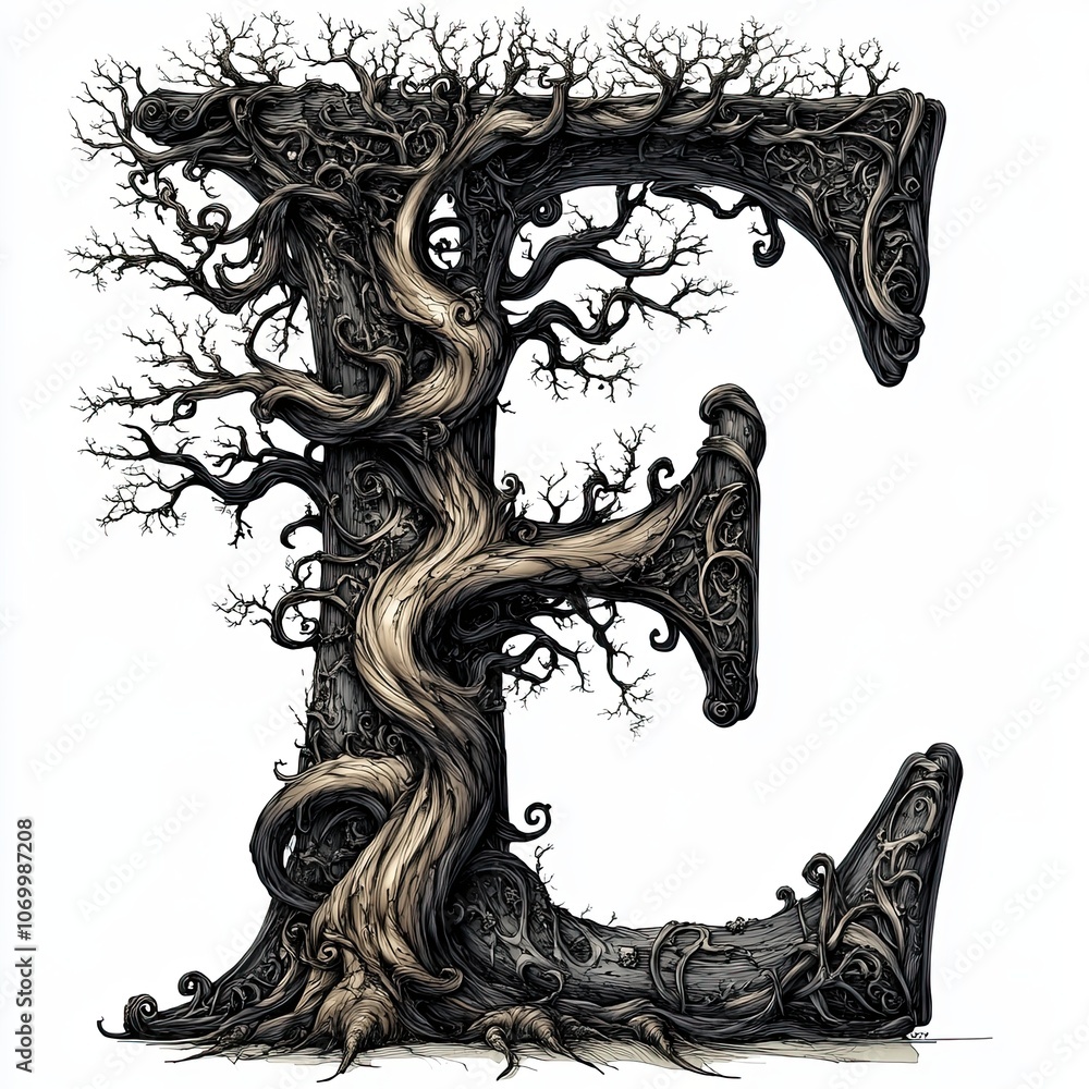 Letter E Formed by Twisted Tree Roots and Branches, Illustration of the ...