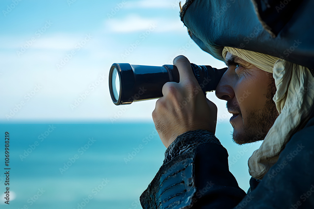 Pirate Lookout with Spyglass Scouting from Crow's Nest blue background ...