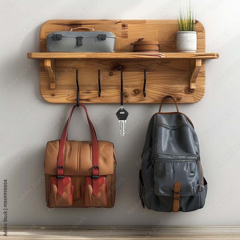 A simple wooden coat rack with three thin rectangular elements in the ...